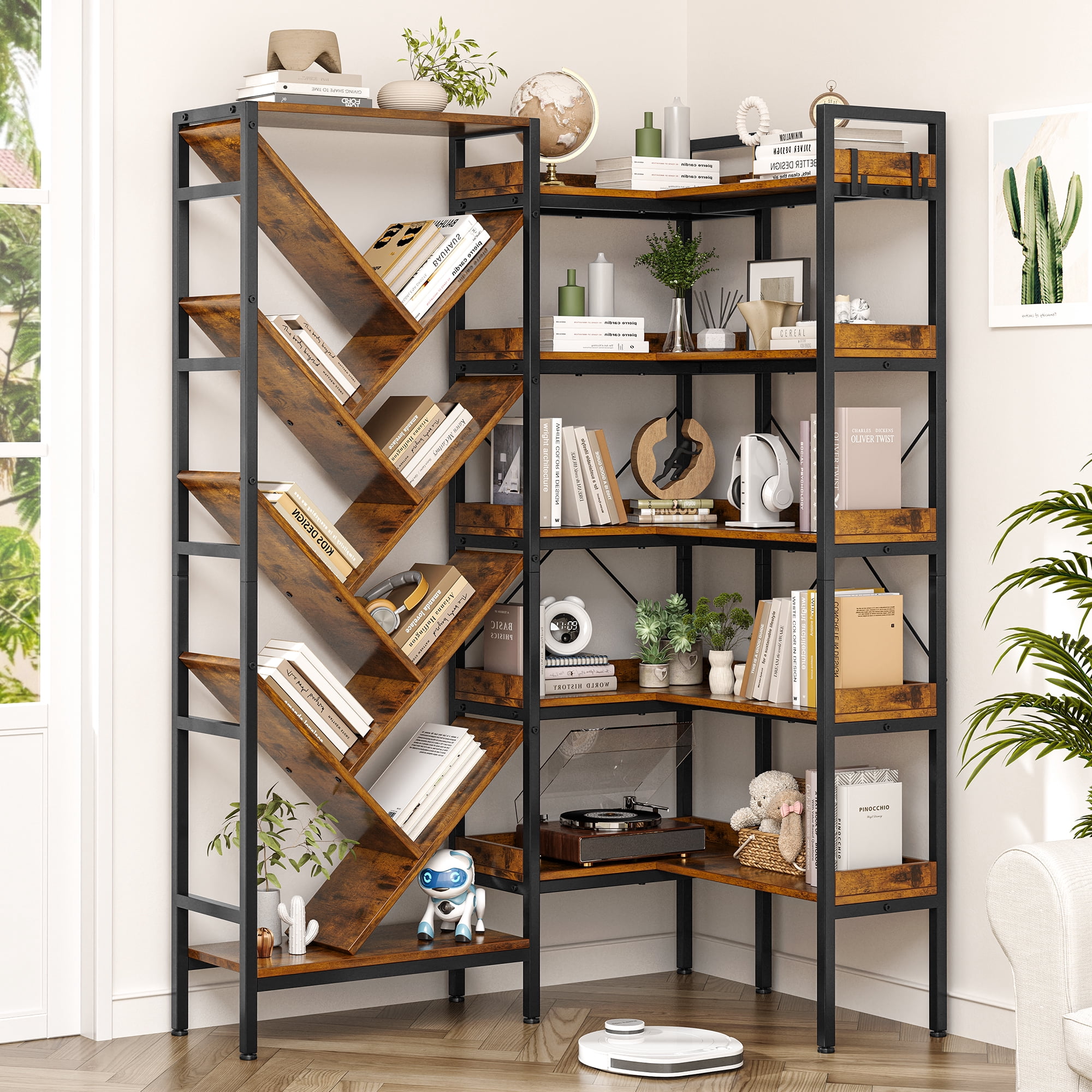L-Shaped Corner & Straight Combo Bookcase with 5-Tier shelf & Metal ...