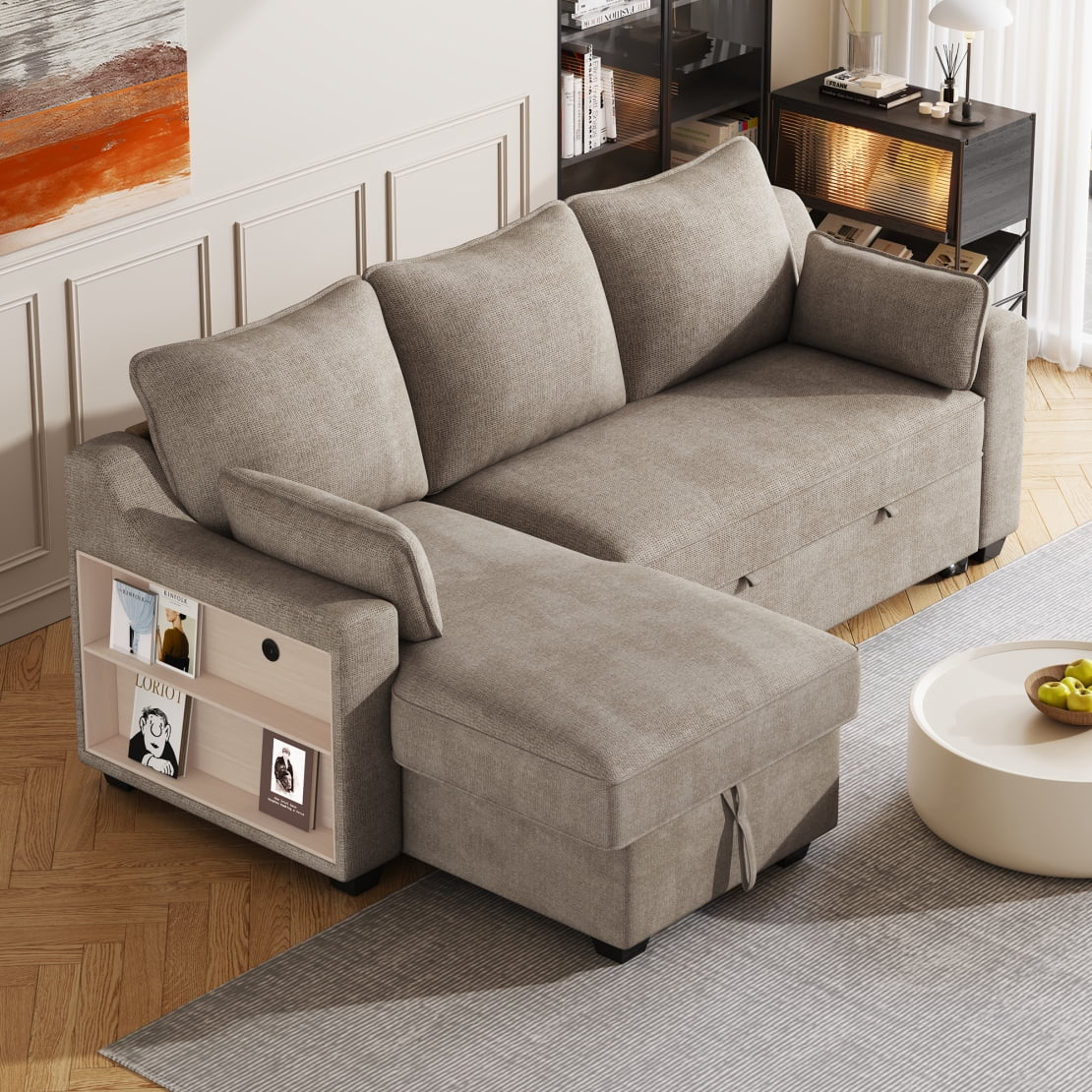 L-Shaped Couch Convertible Sofa Bed with Storage Chaise, 90" Pull Out ...
