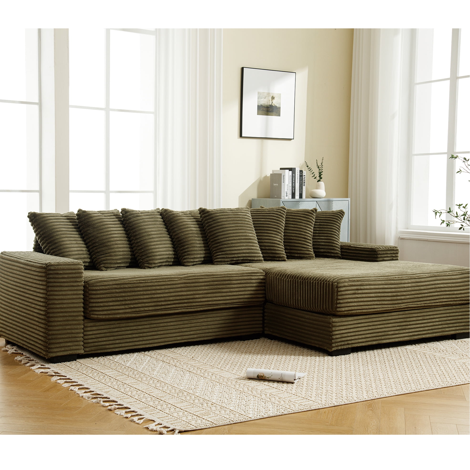 L Shaped Couch With Right Chaise Lounge, Corduroy Fabric, , 8 Pillows ...