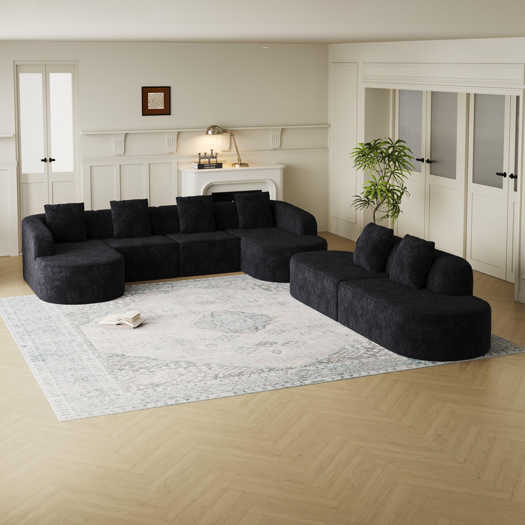 L-Shaped Curved Modular Sofa with Lychee-Textured Fabric, Extra-Wide ...