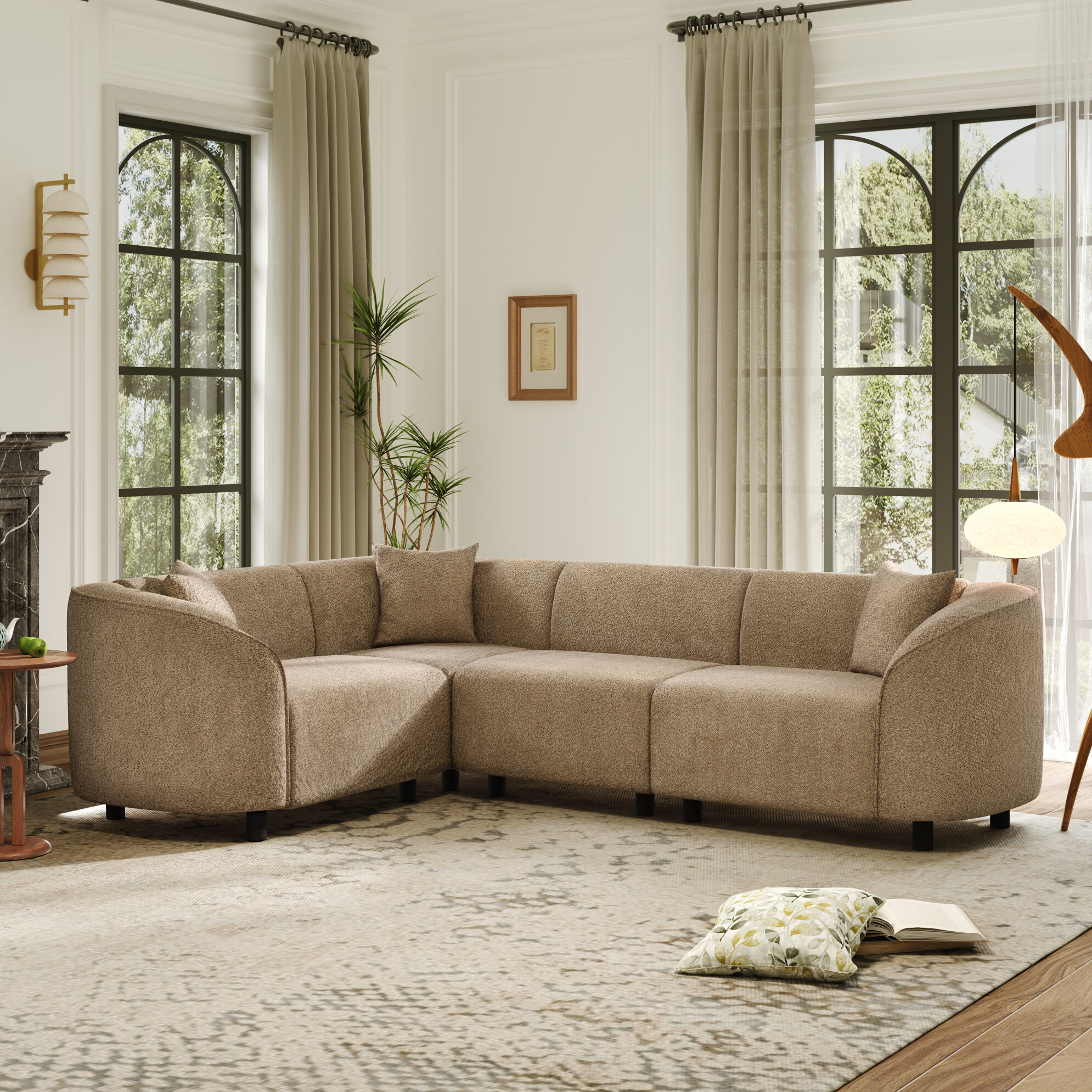 L-Shaped Curved Sectional Sofa in Camel Bouclé – Plush 4-Seater with ...