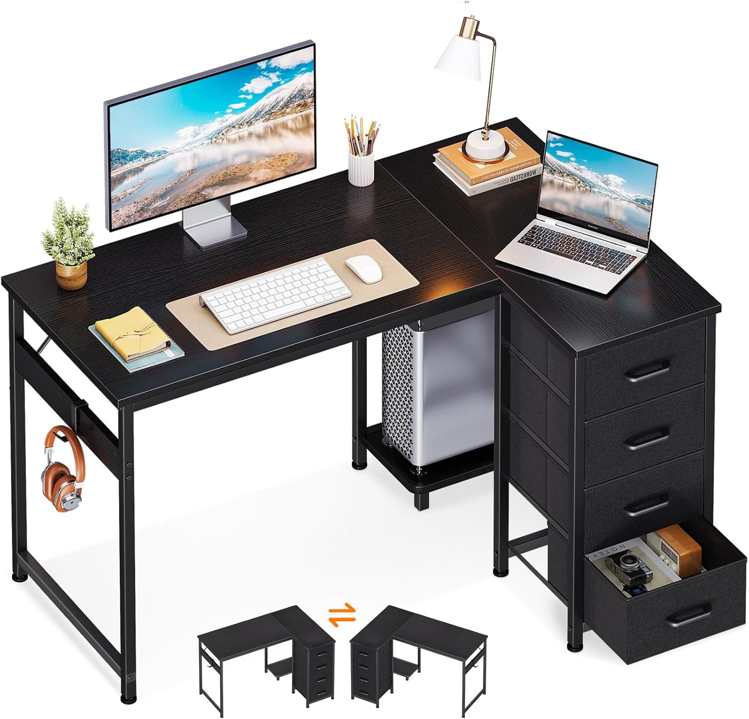 L Shaped Desk with 4 Drawers, 40" Small Corner Computer Desk with ...