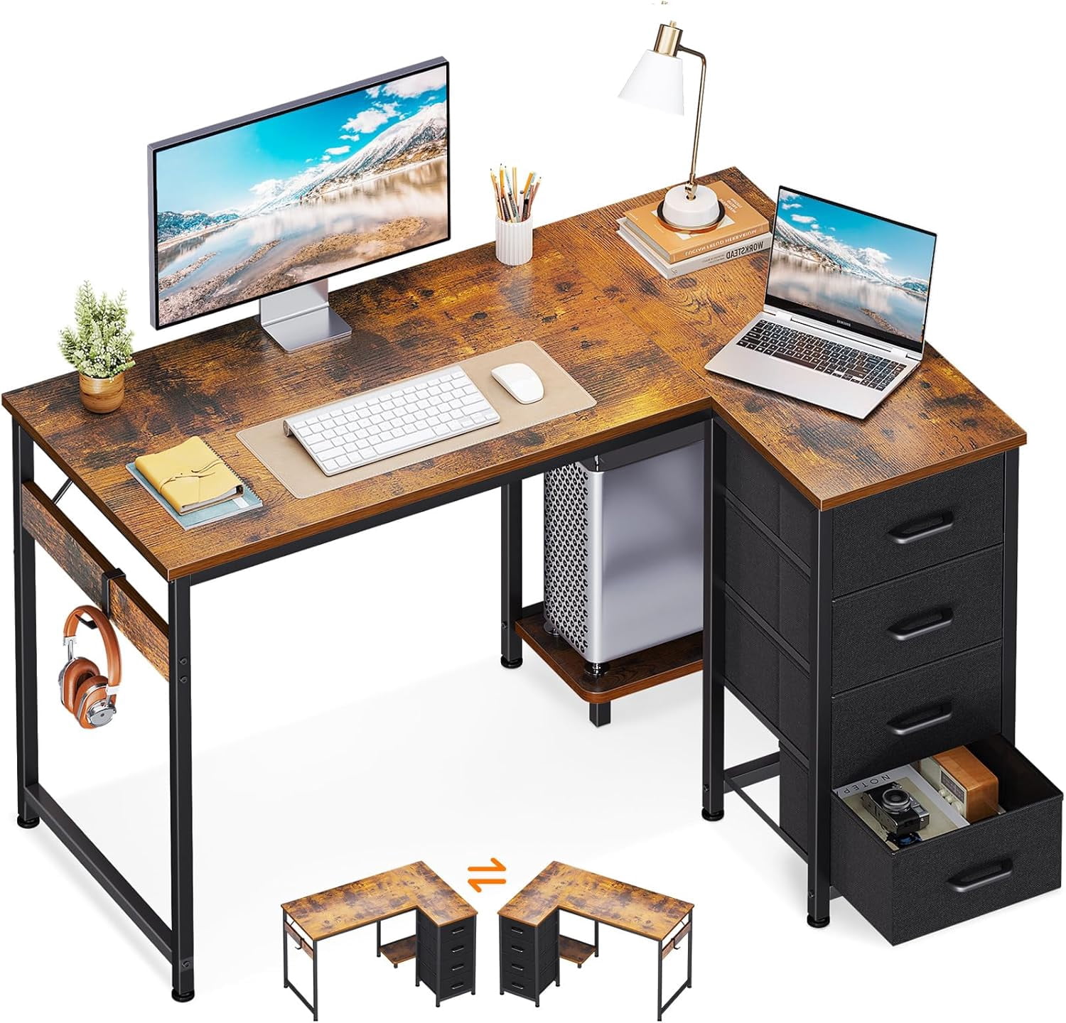 L Shaped Desk with 4 Drawers, 40" Small Corner Computer Desk with ...