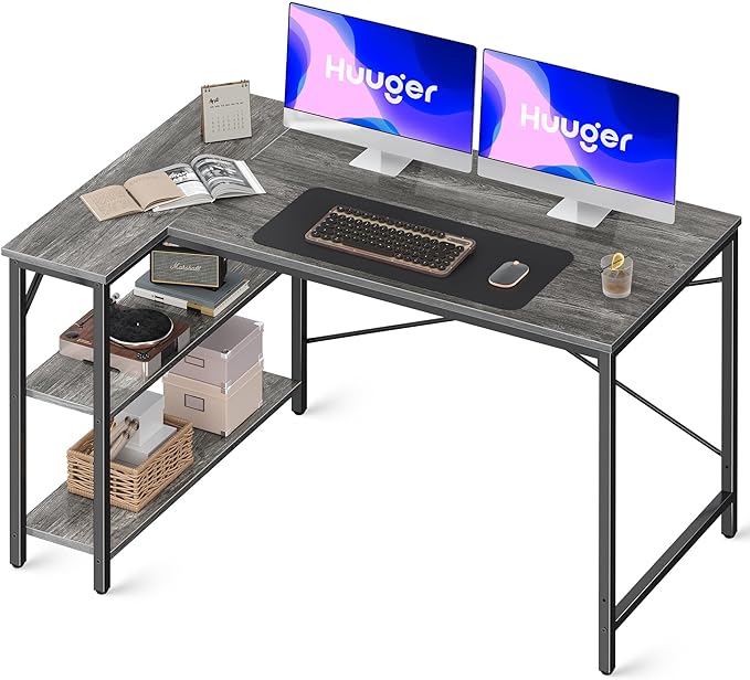 L Shaped Desk, 47 Inches Computer Desk with Reversible Storage Shelves ...