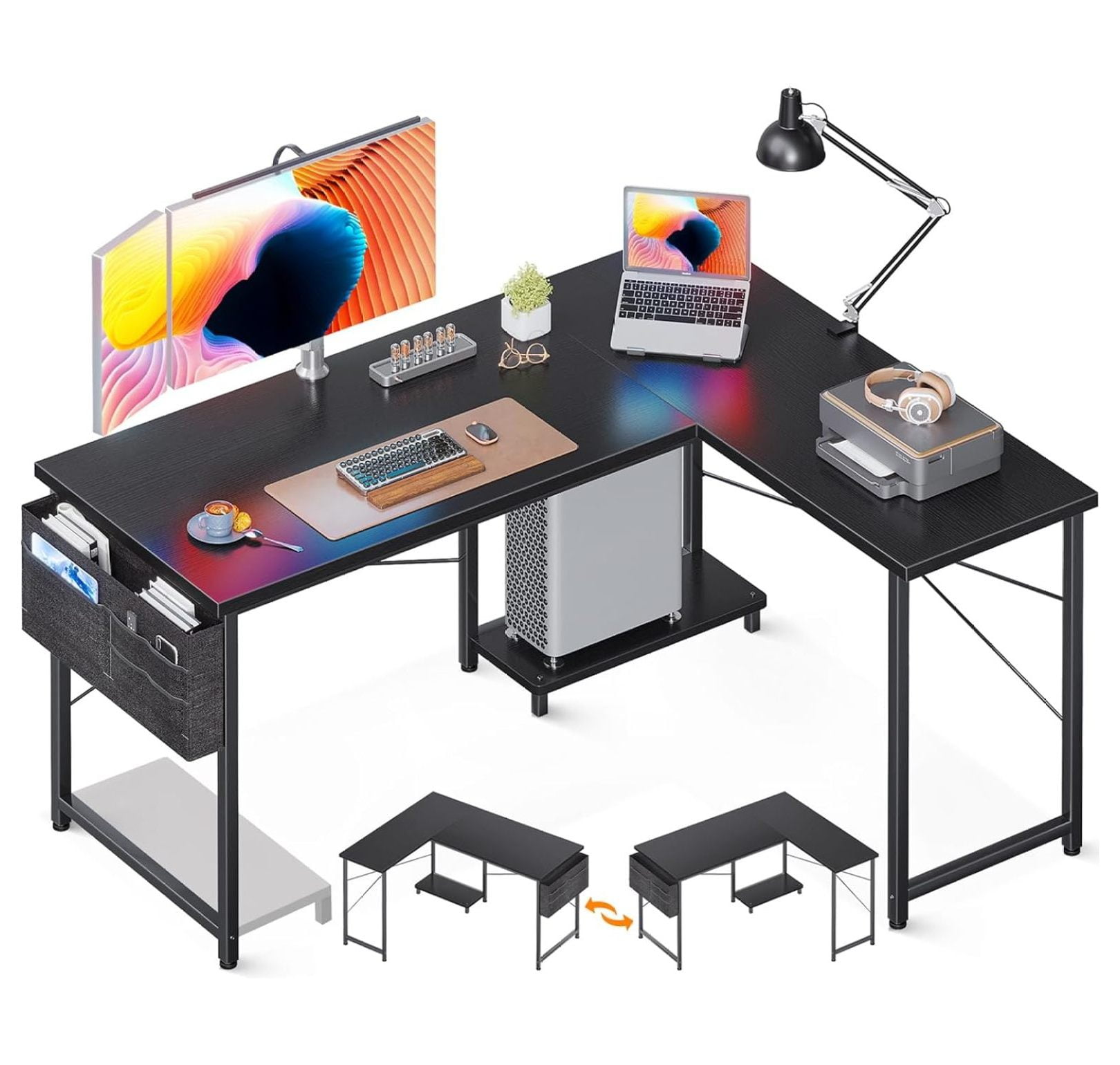 L Shaped Desk, 50 Inch Computer Desk with Storage Bag, Reversible Home ...