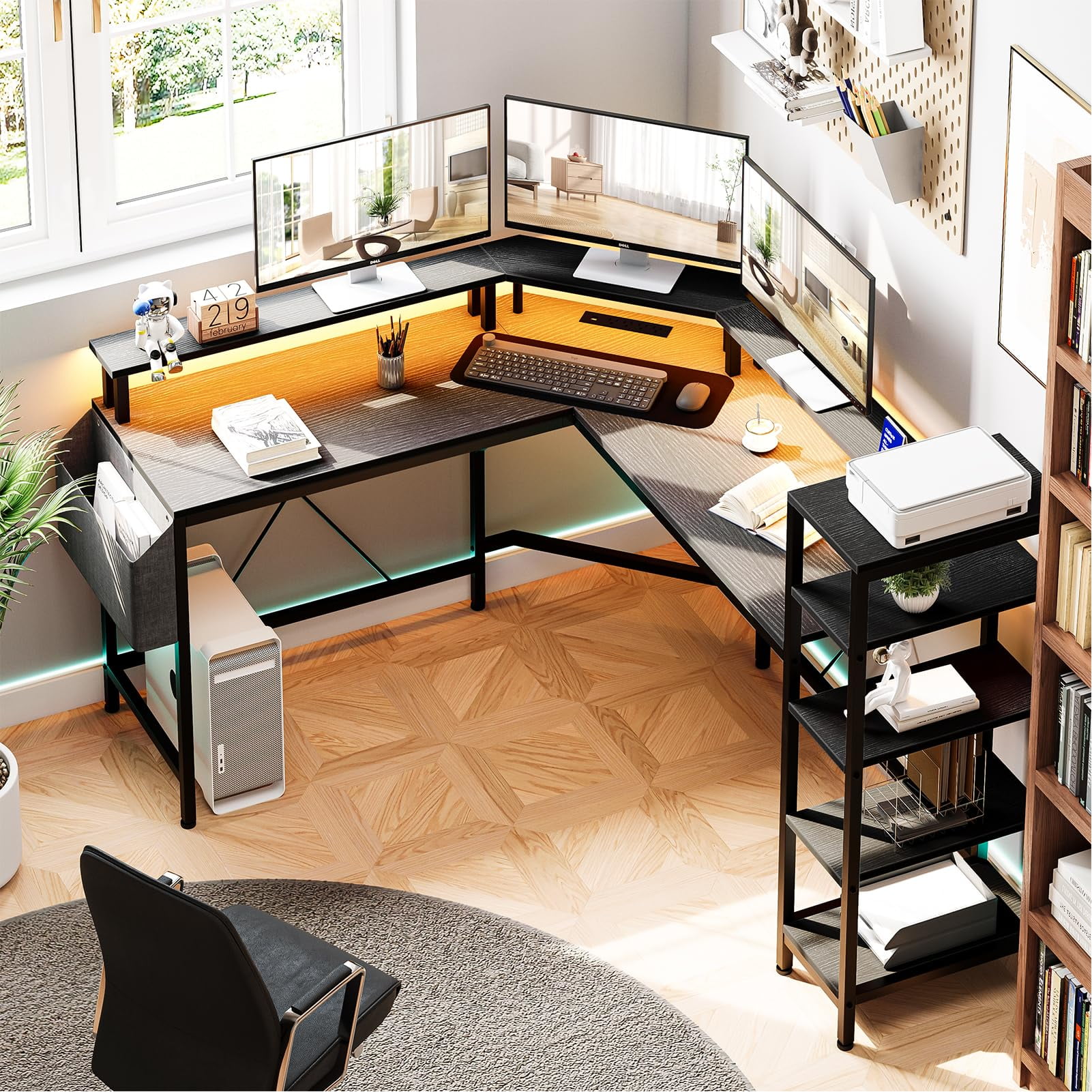 L Shaped Desk, 61 Inch Computer Desk with Monitor Stand, 5 Tier Storage ...