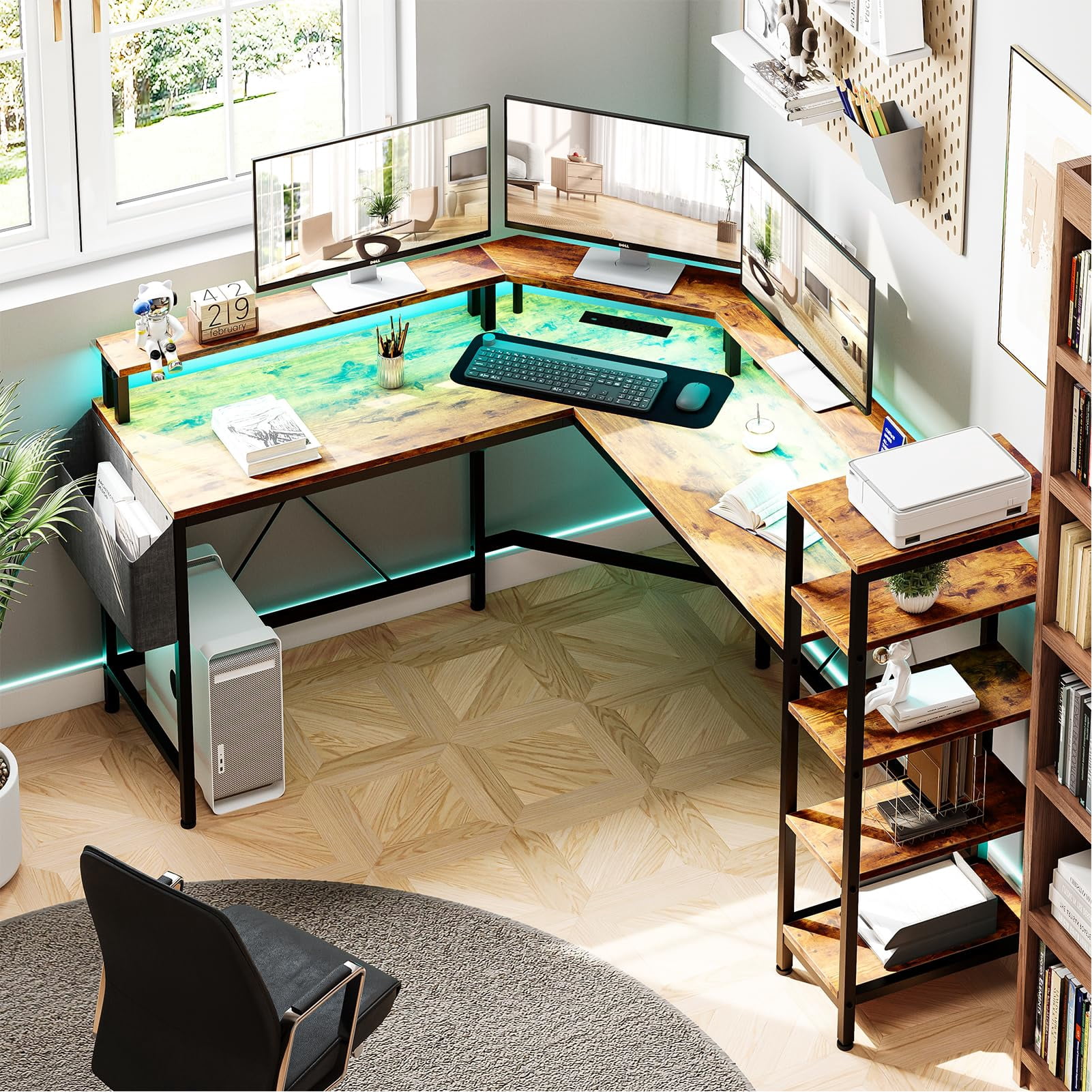 L Shaped Desk, 61 Inch Computer Desk with Monitor Stand, 5 Tier Storage ...