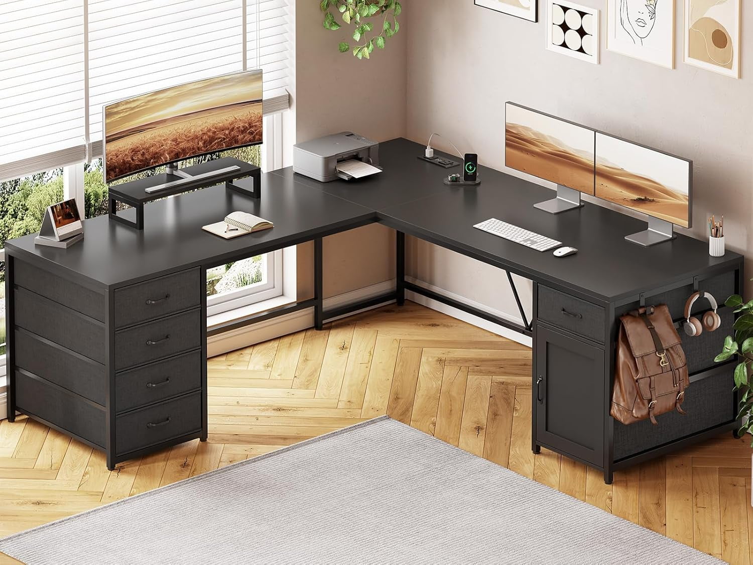 L Shaped Desk, 63" Computer Desk with 5 Drawer & Power Outlet,Long Home ...