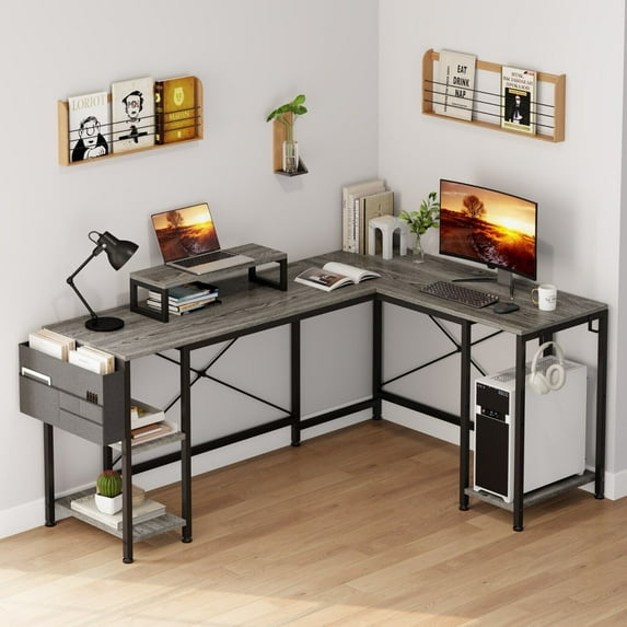 L Shaped Desk 80" Reversible Corner Computer Desk with Shelves Home ...