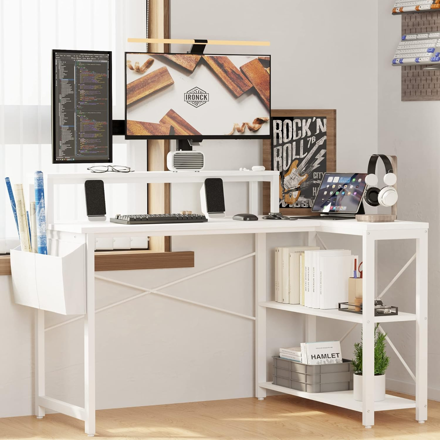 L Shaped Desk with Charging Station and Storage Shelves 47 inch Corner ...