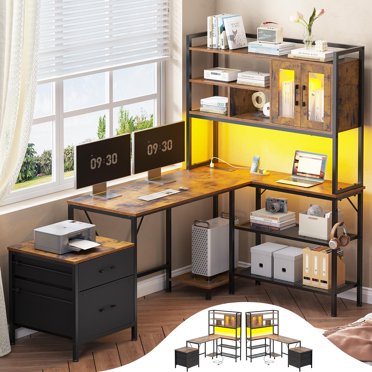L Shaped Office Desk with Power Outlets, Reversible Corner Computer ...