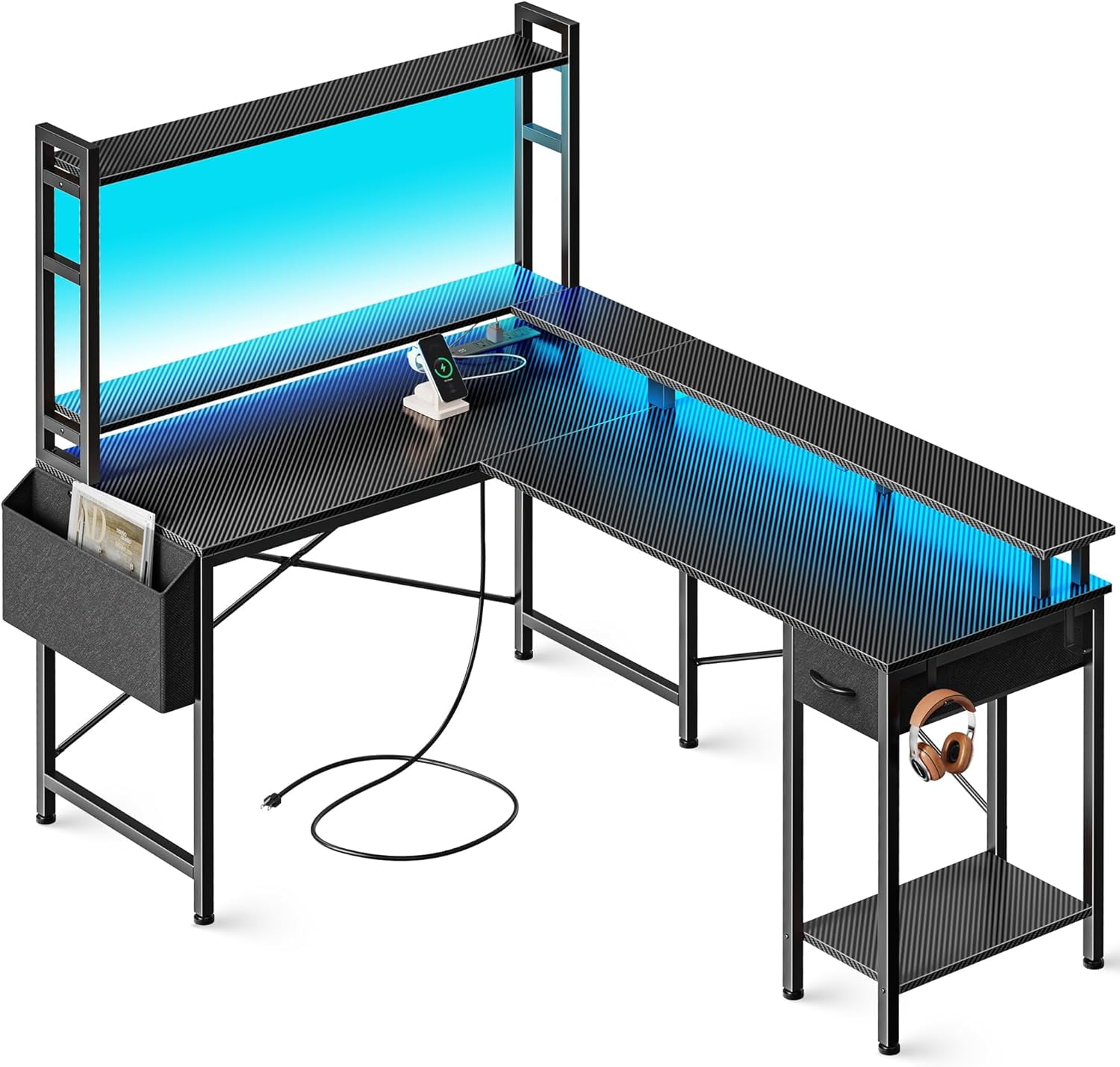 L Shaped Desk Computer Desk with LED Lights & Power Outlets Gaming Desk ...