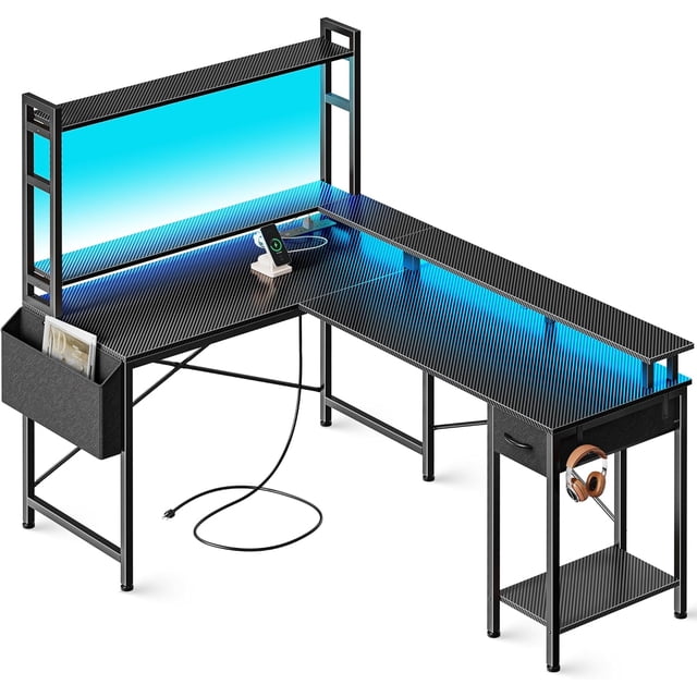 L Shaped Desk Computer Desk with LED Lights & Power Outlets Gaming Desk ...