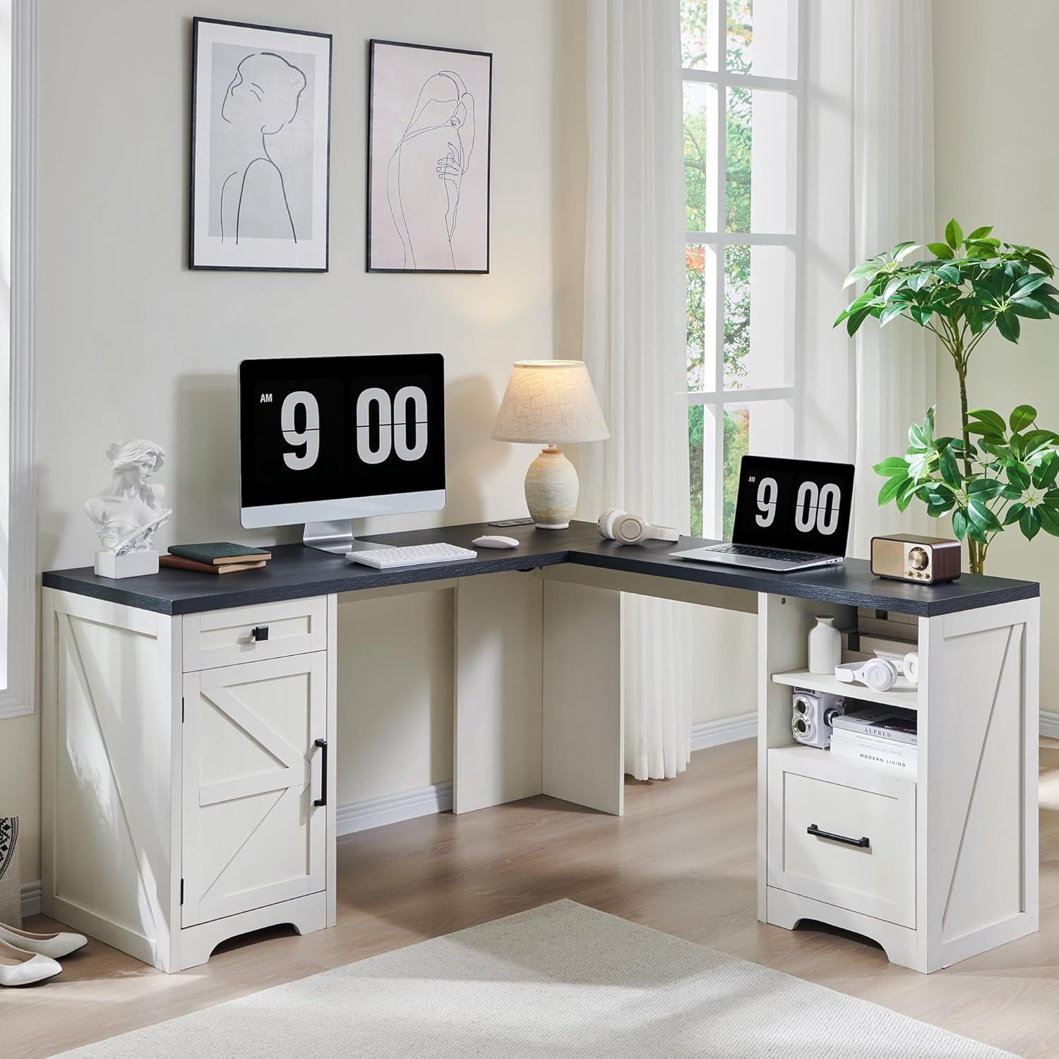 L Shaped Desk, Corner Computer Desk with File Drawer & Charging Station ...