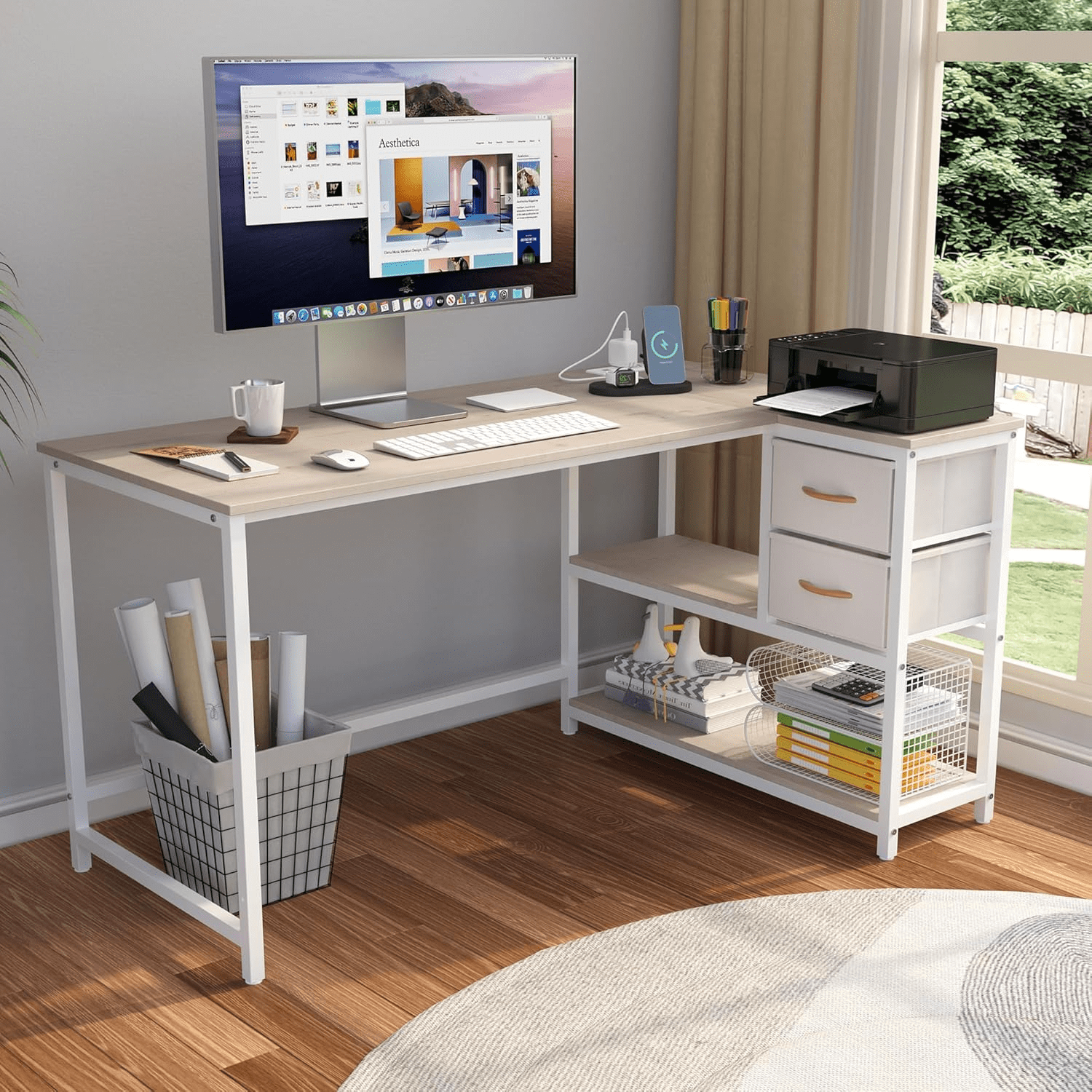 L-Shaped Desk with Drawers - 55 in Reversible White Office Desks for ...