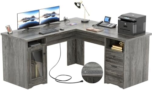 L Shaped Desk with Drawers, 60 Inch Corner Computer Desks with USB ...