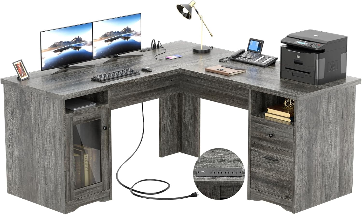 L Shaped Desk with Drawers, 60 Inch Corner Computer Desks with USB ...