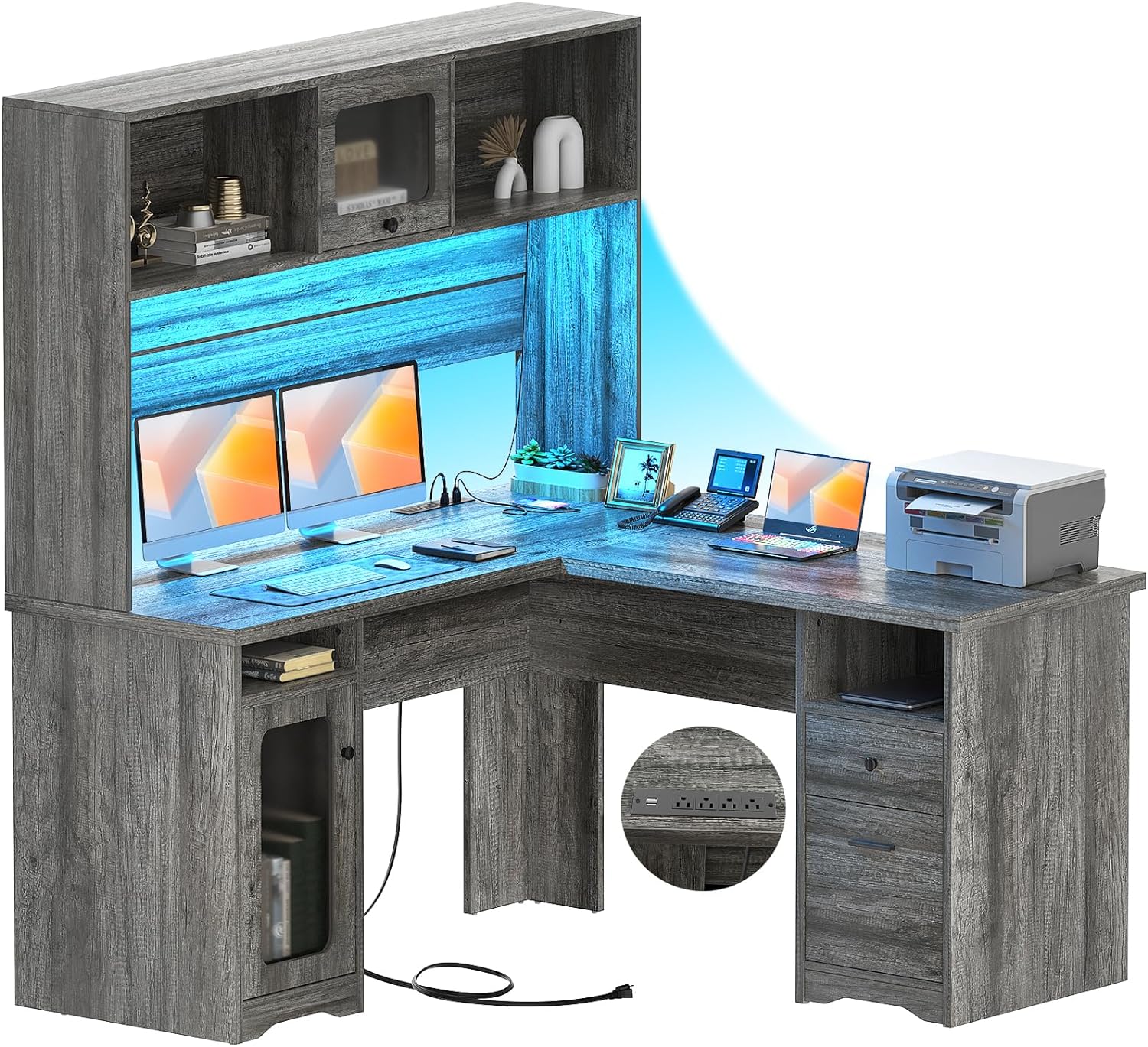 L Shaped Desk with Drawers 60 Inch Office Desk with Power Outlet and ...