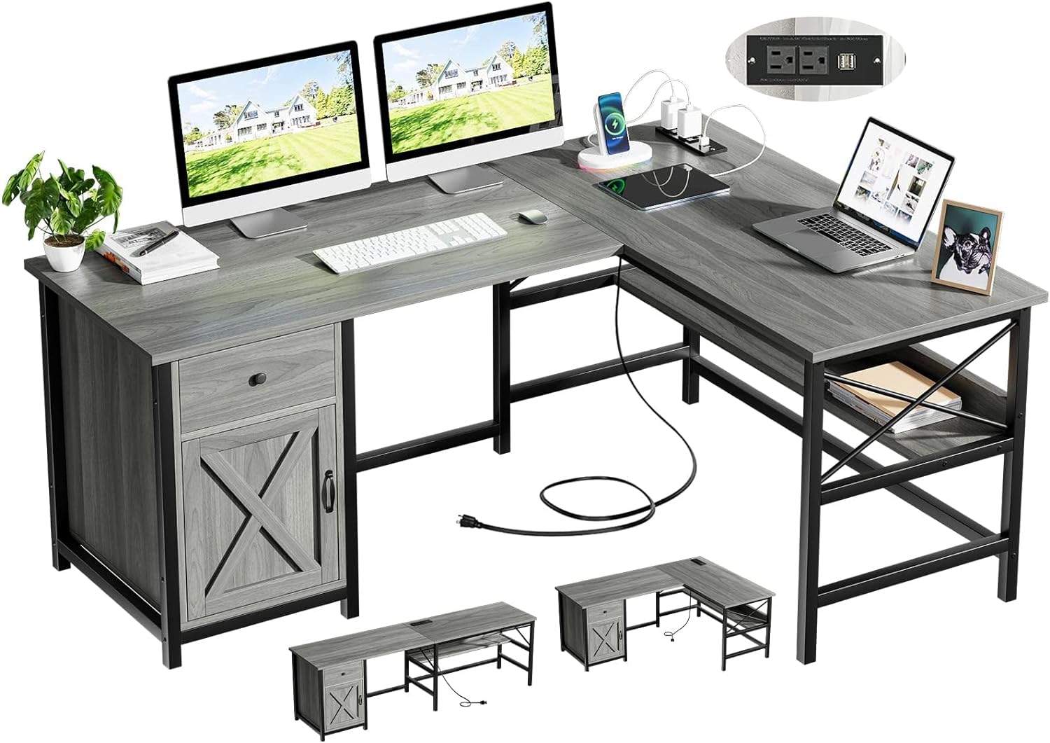L Shaped Desk with Drawers 63 inch Reversible Corner Desk with Power ...