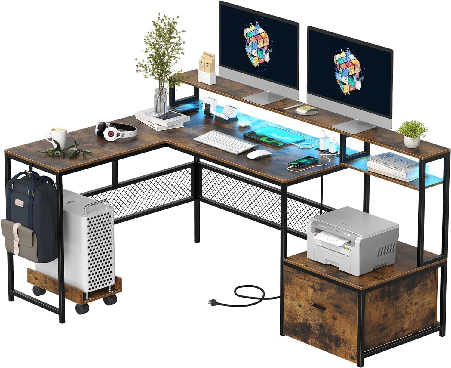 L Shaped Desk with Drawers, 66" Home Office Desk with Power Outlet and ...