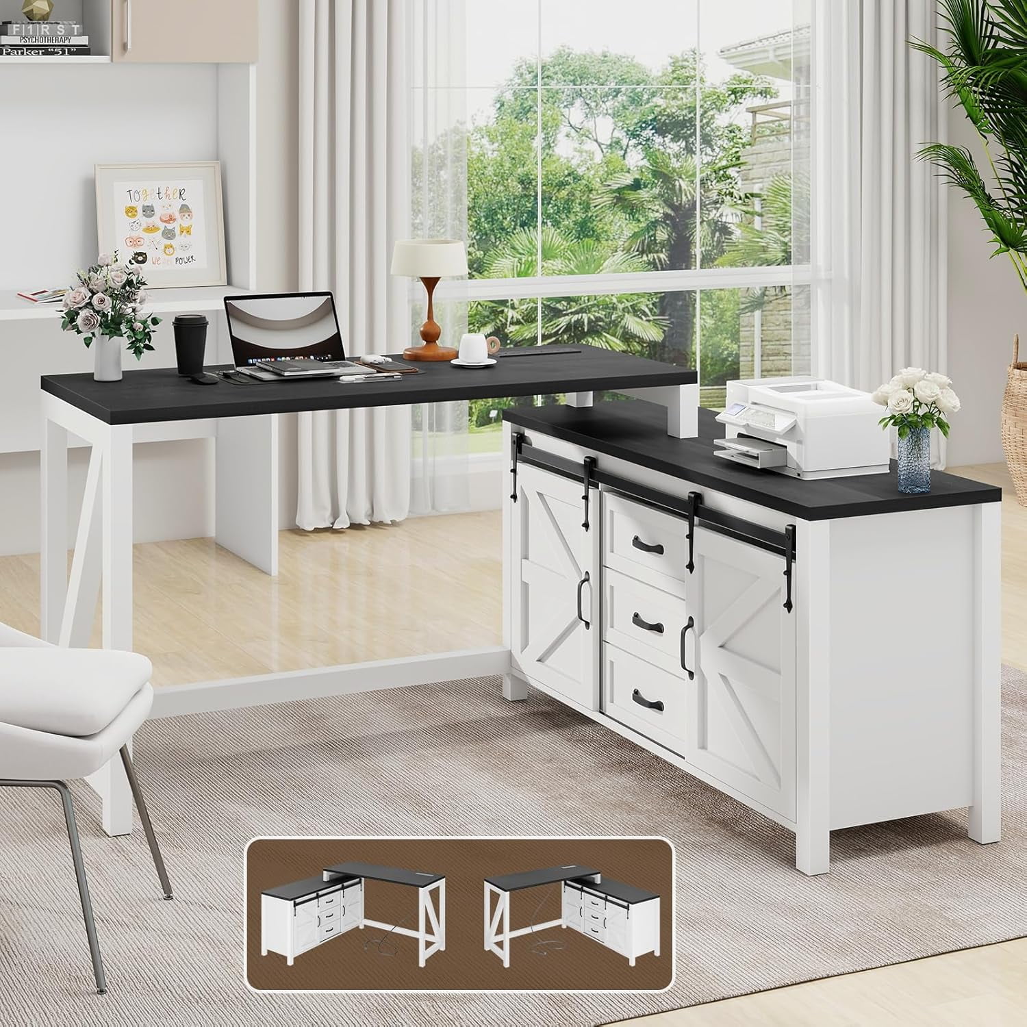 L Shaped Desk With Drawers, Farmhouse Executive Wood Home Office With ...