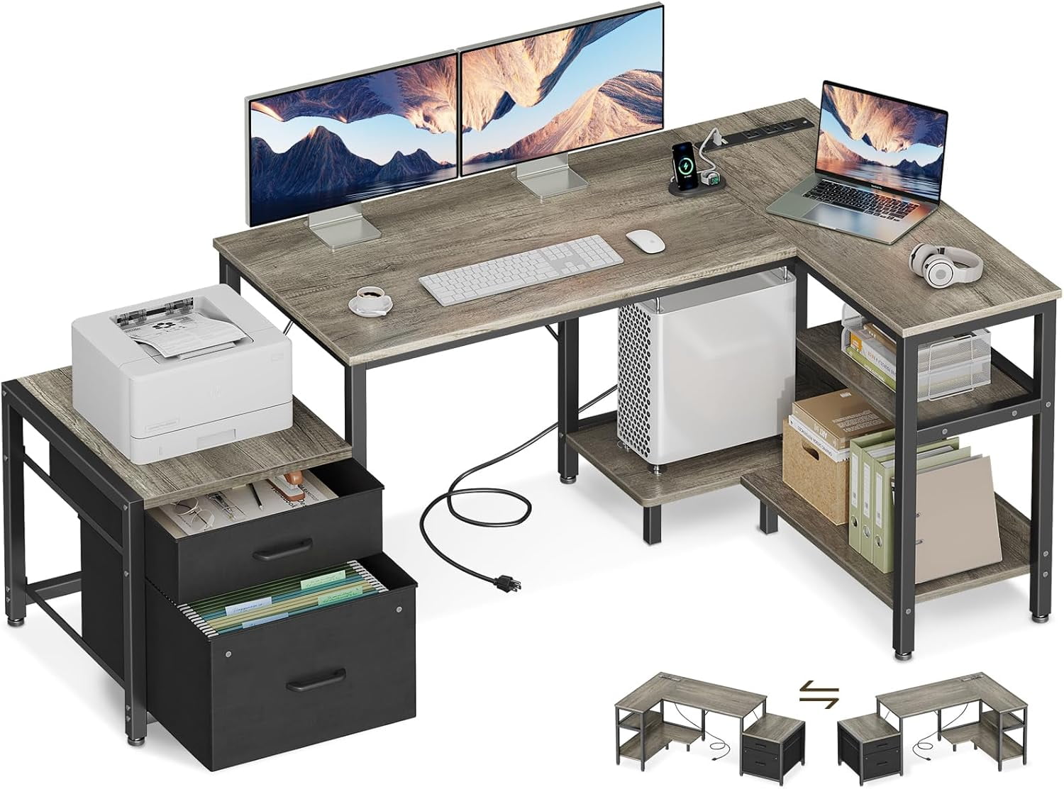 L Shaped Desk with Drawers & File Cabinet, Computer Desk with Storage ...