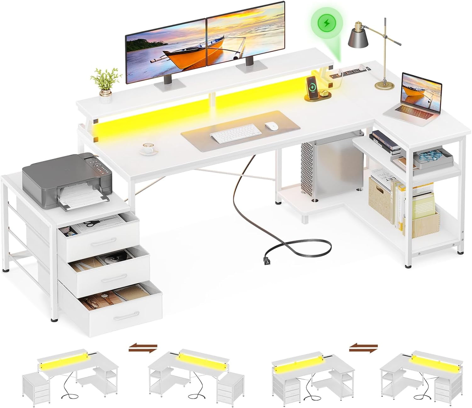 L-Shaped Desk with Fabric Drawers - Reversible Computer Desk with LED ...