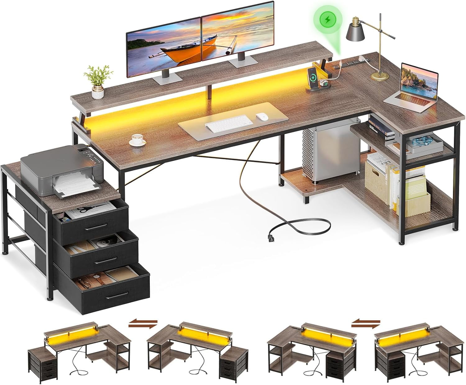 L-Shaped Desk with Fabric Drawers - Reversible Computer Desk with LED ...