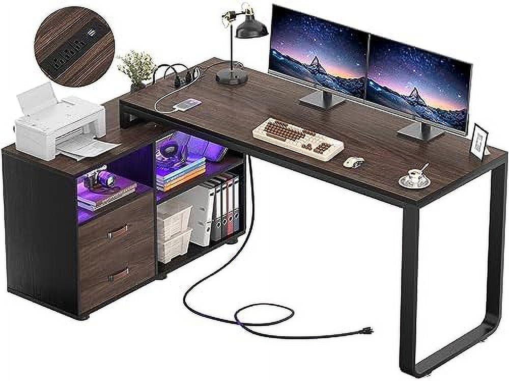 L Shaped Desk With File Cabinet And Power Outlet Reversible 55 Inch Large