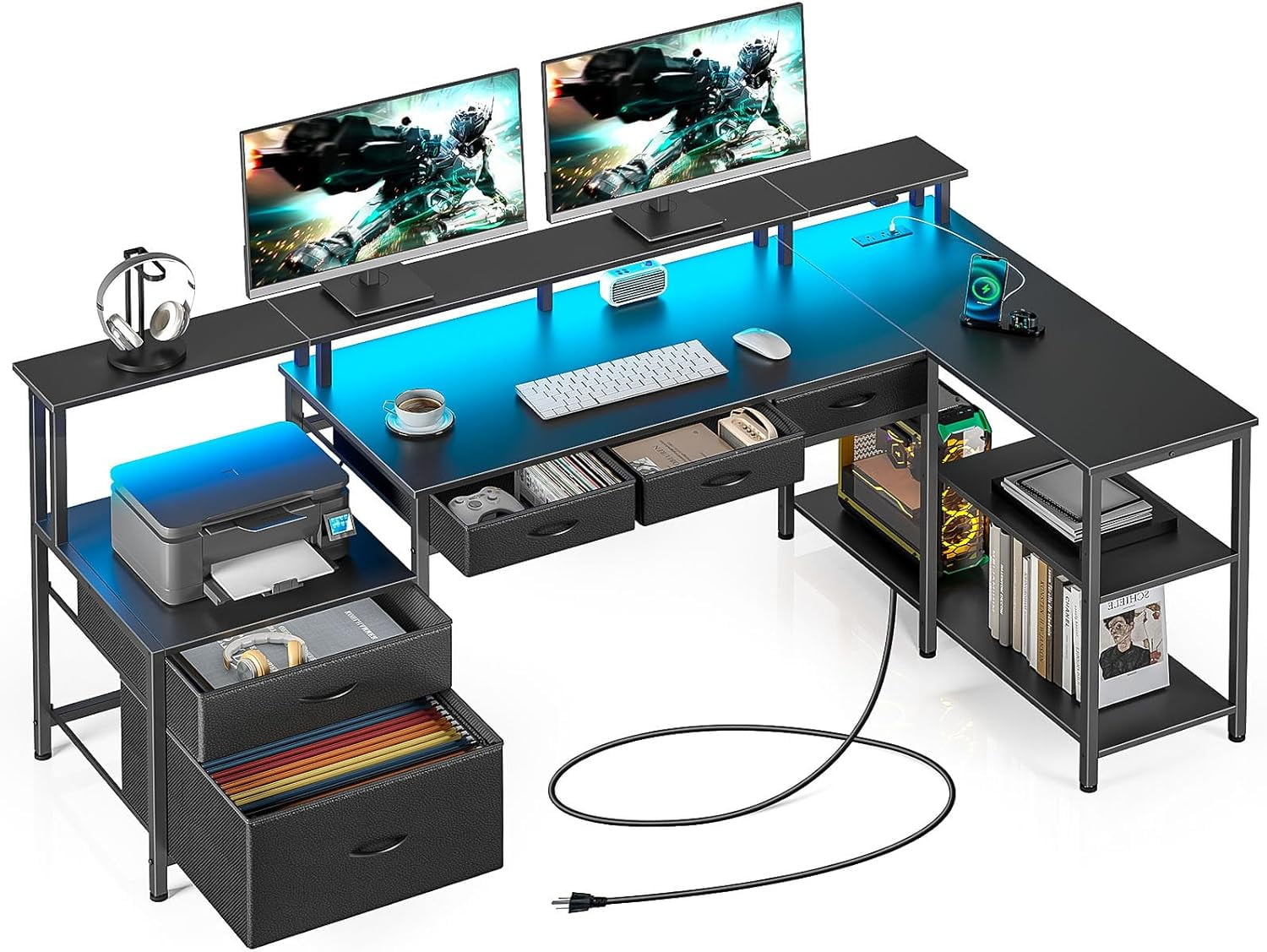 L Shaped Desk with File Drawers, 64" Home Office Desk with Power Outlet ...