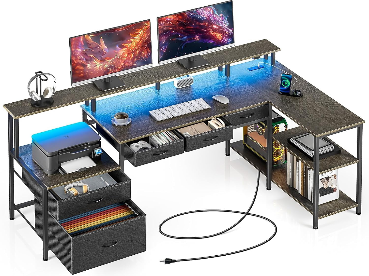 L Shaped Desk with File Drawers, 64" Home Office Desk with Power Outlet ...