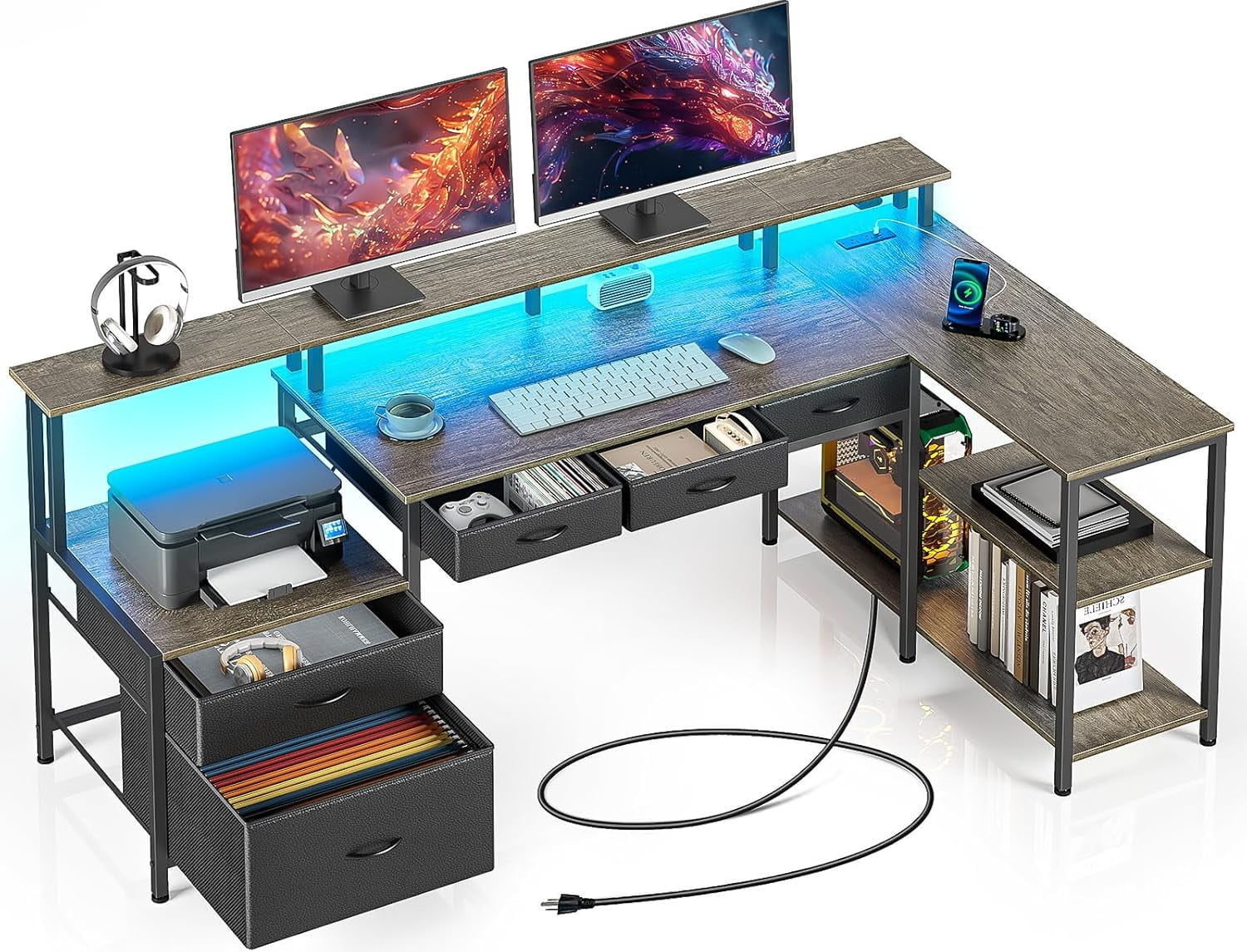 L Shaped Desk with File Drawers, 64" Home Office Desk with Power Outlet ...