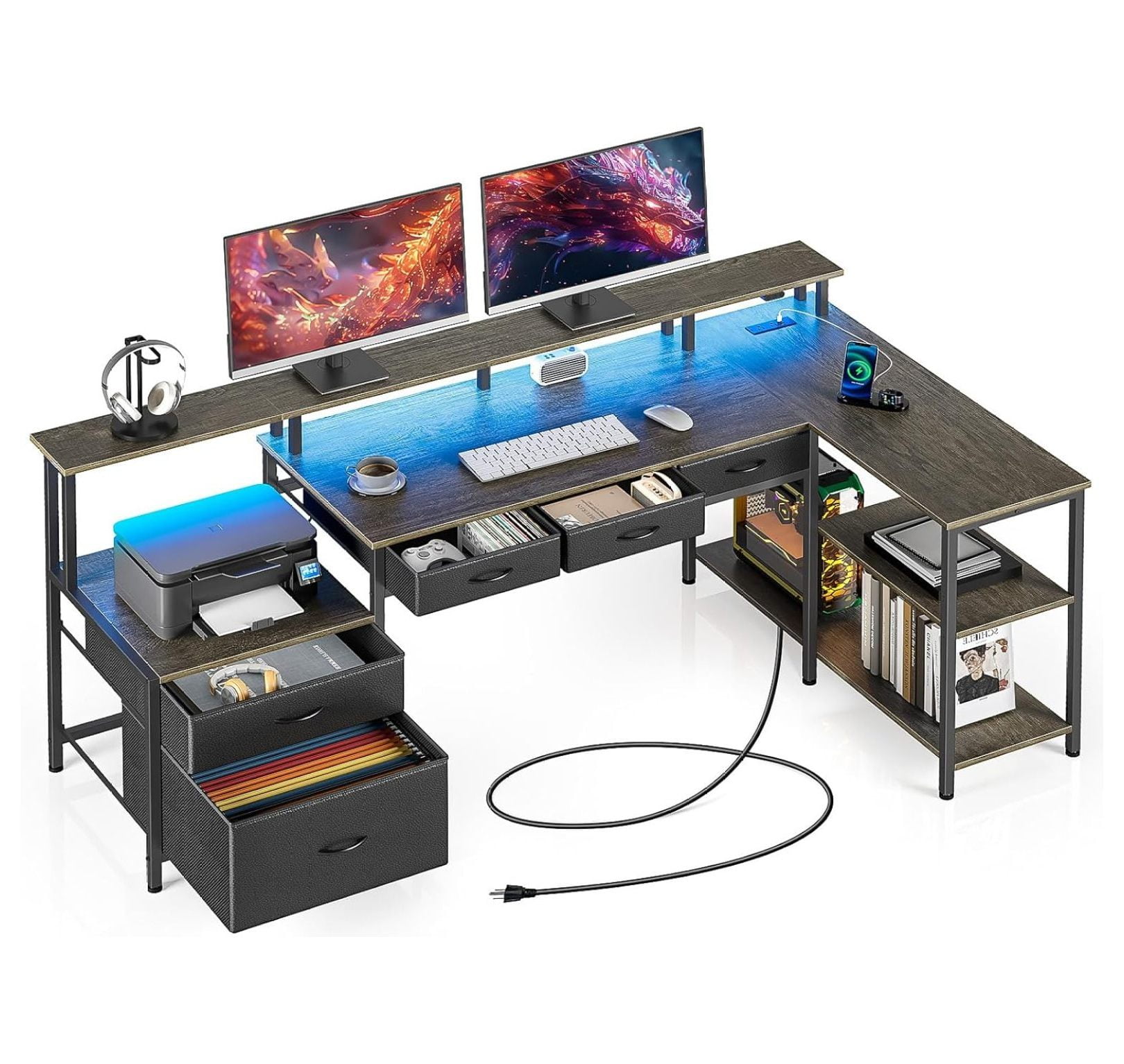 L Shaped Desk with File Drawers, 64" Home Office Desk with Power Outlet ...