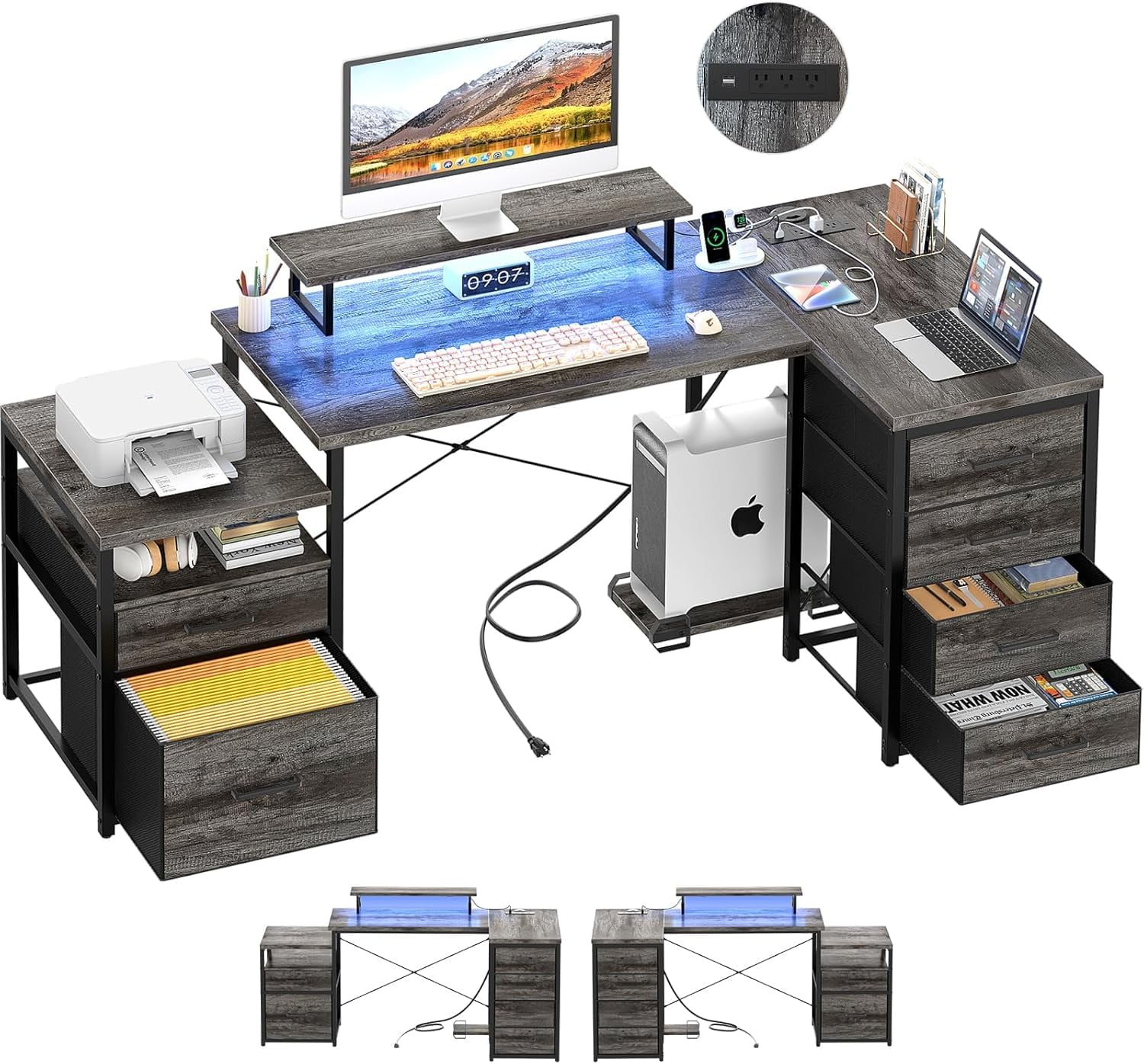 L Shaped Desk with File Drawers, 71" Reversible Computer Desk with ...