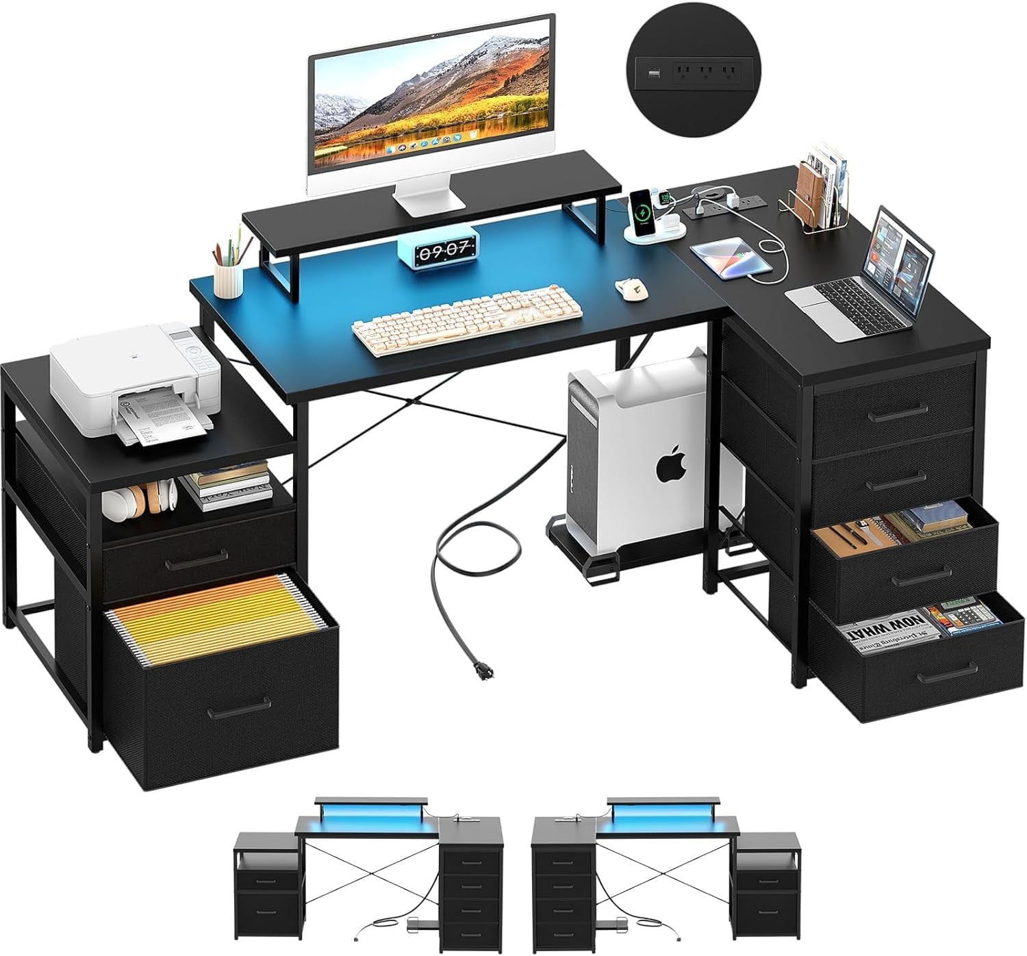 L Shaped Desk with File Drawers, 71" Reversible Computer Desk with ...