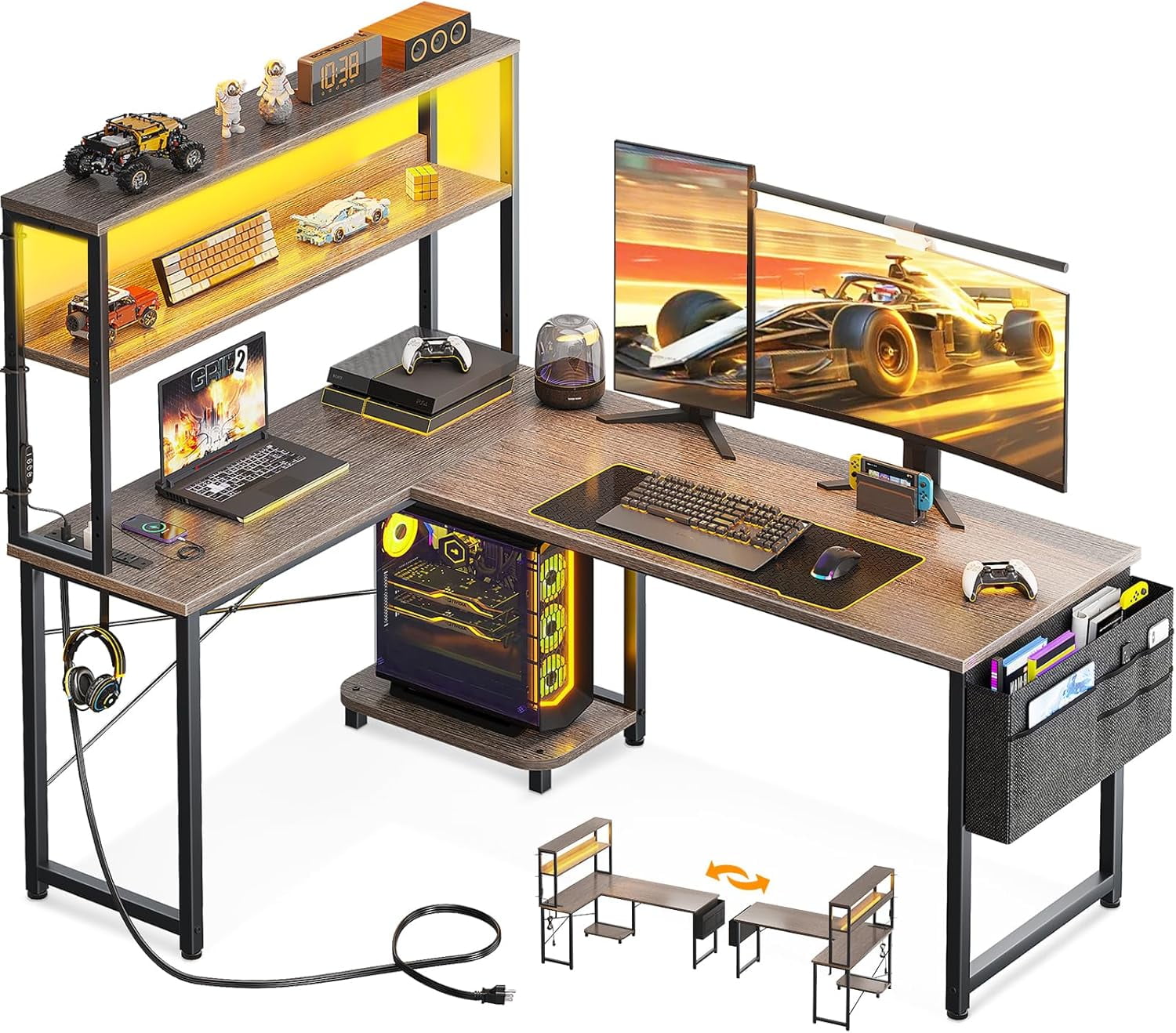 L Shaped Desk Gaming Desk with LED Light & Power Outlet, 53 Inch ...