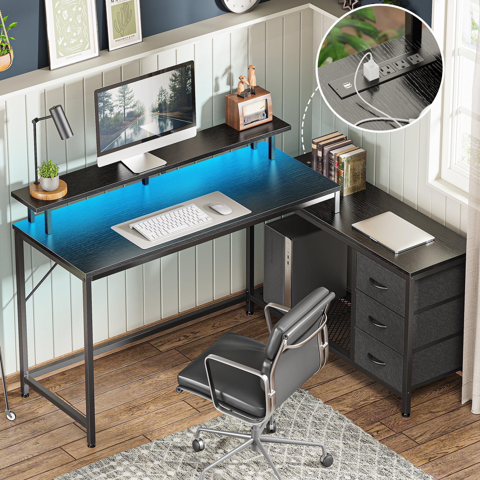L Shaped Desk, Gaming Desk with Drawers, LED Computer Desk with Power ...