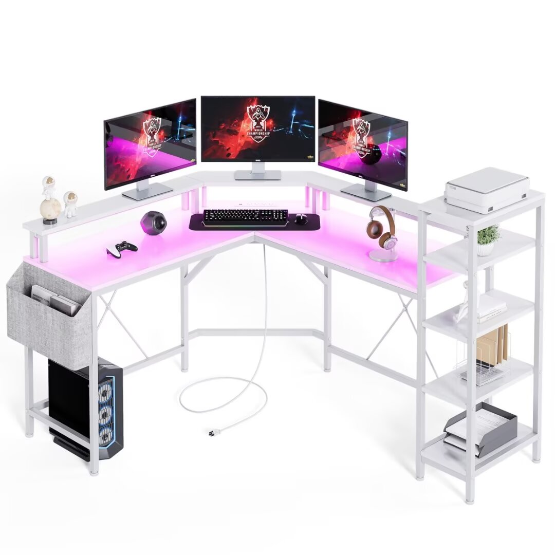 L Shaped Desk with LED Lights & Power Outlets, 62" Computer Desk with ...
