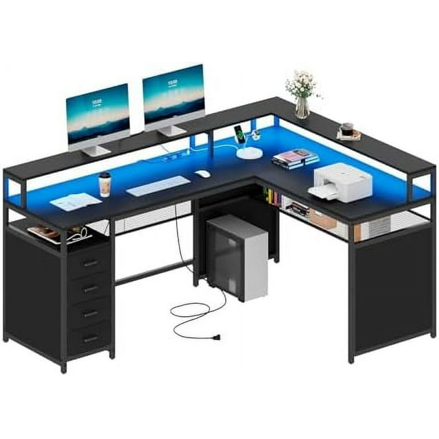L Shaped Desk with LED Lights & Power Outlets Reversible Home Office ...