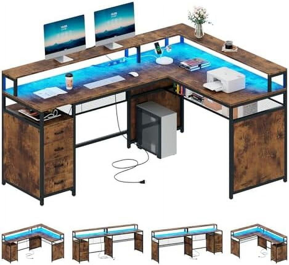 L Shaped Desk with LED Lights & Power Outlets Reversible Home Office ...