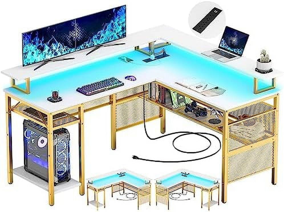 L Shaped Desk with LED Strip and Power Outlets Reversible Corner ...