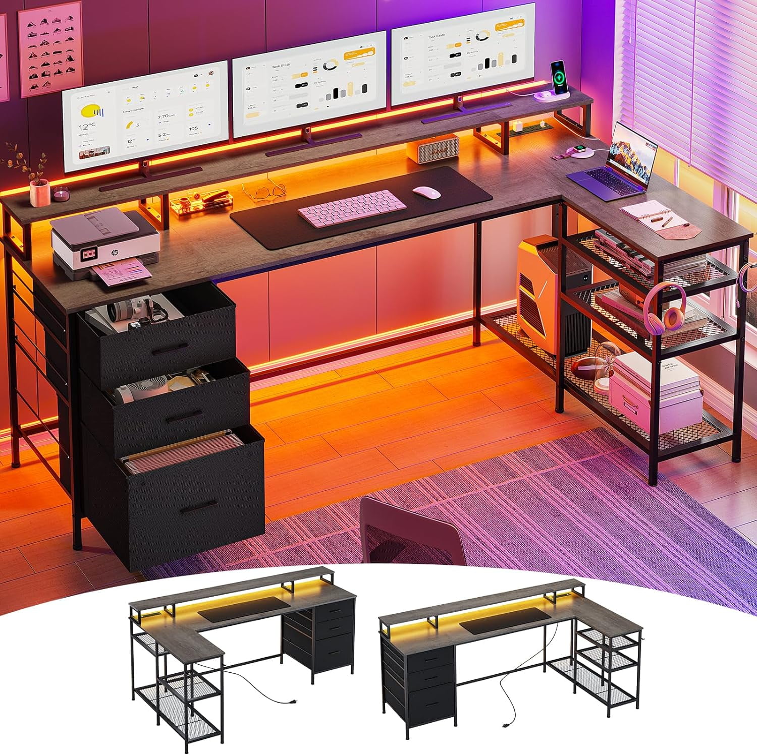 L Shaped Desk with Power Outlet & LED Strip & File Drawer, 78 ...