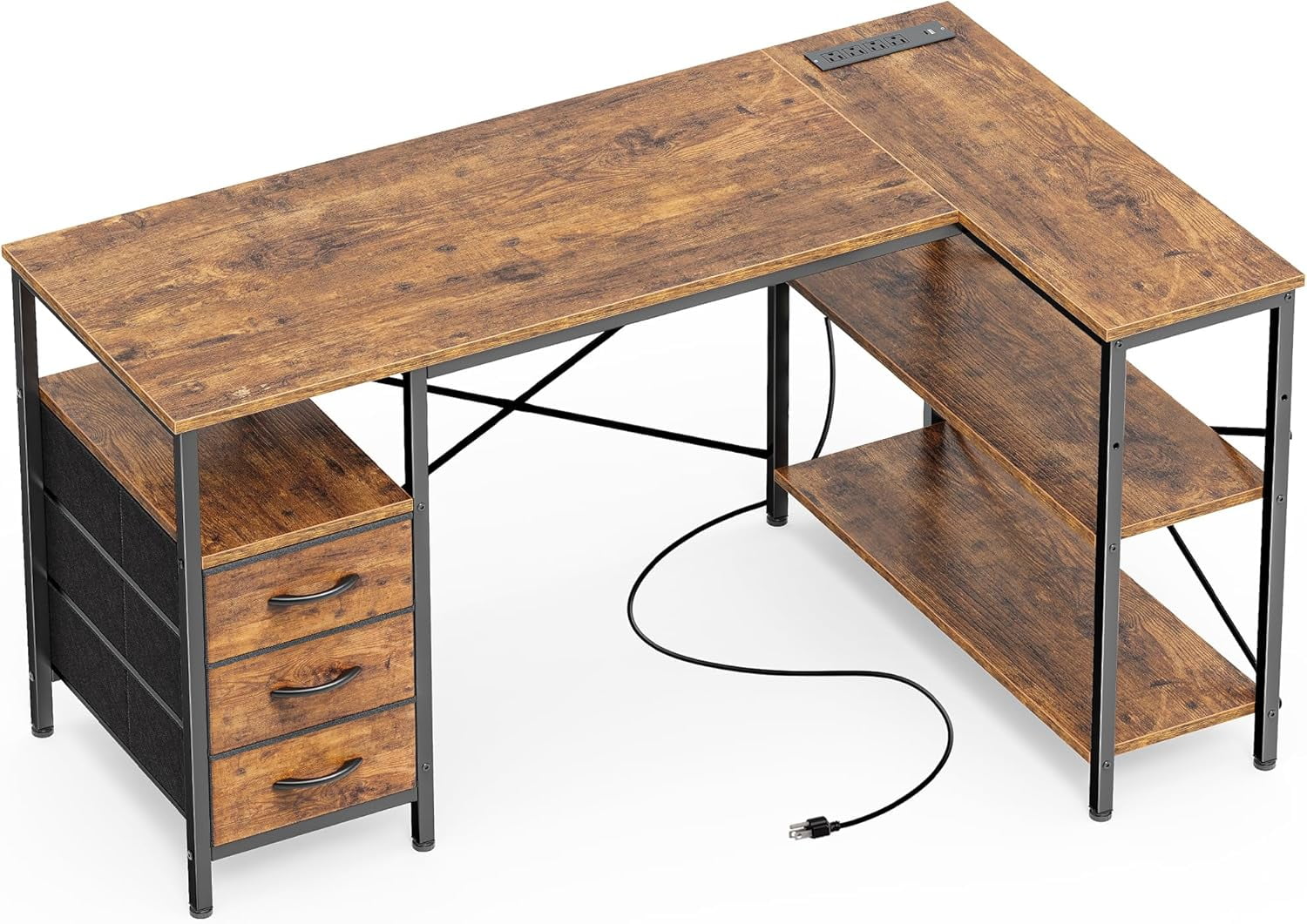 L Shaped Desk with Power Outlets, Computer Desk with 3 Drawers, 47 Inch ...