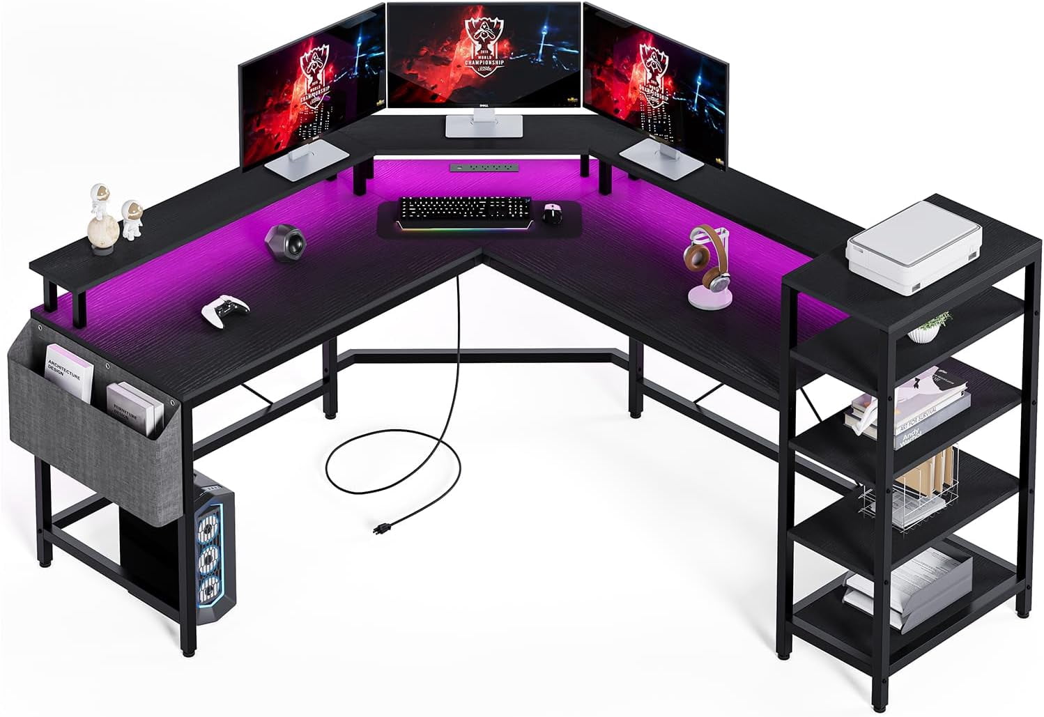 L Shaped Desk with Power Outlets & LED Lights, 62" Computer Desk with ...