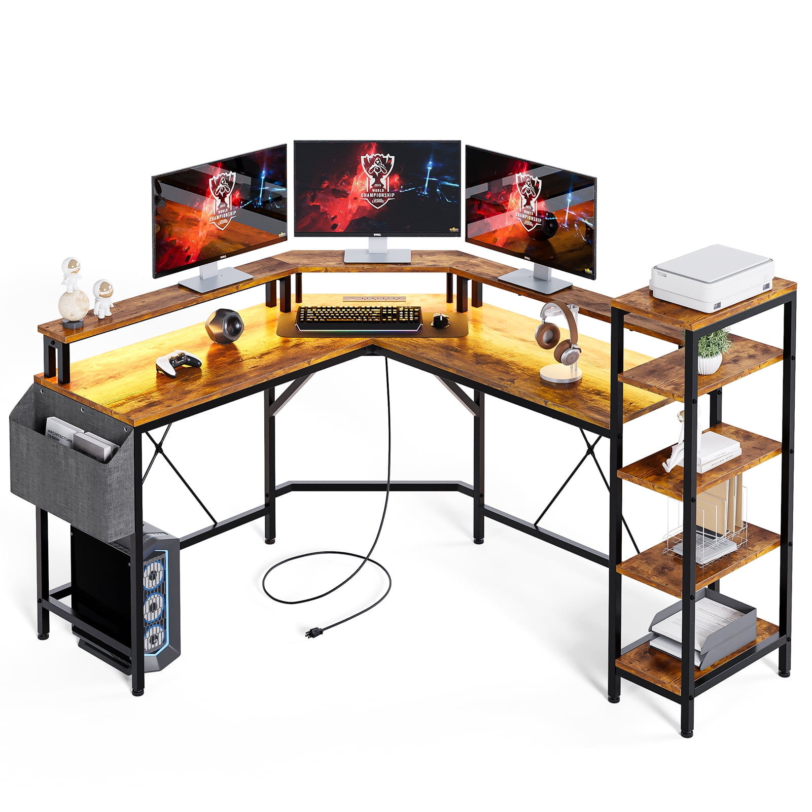 L Shaped Desk with Power Outlets & LED Lights, 62" Computer Desk with ...