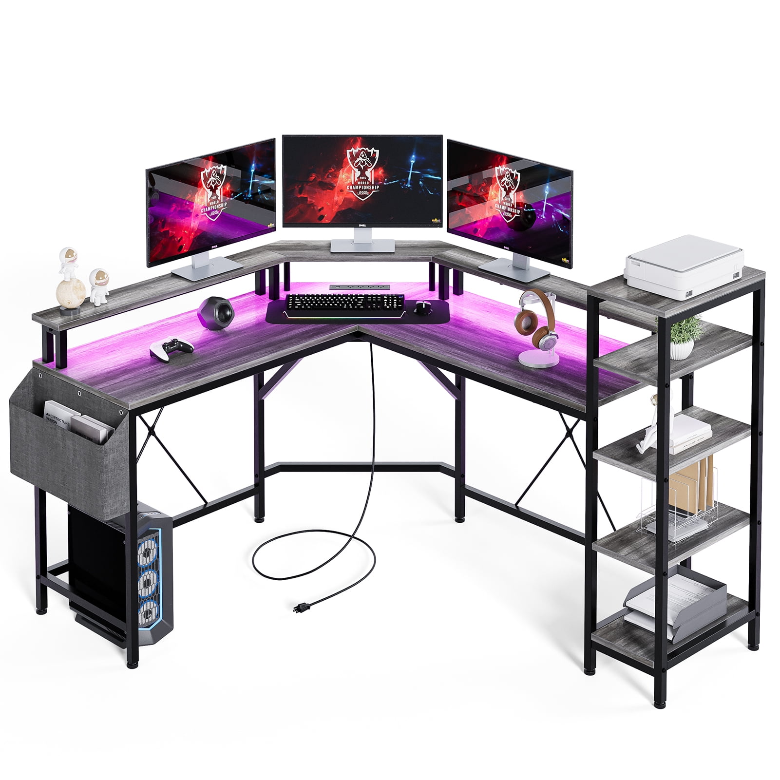 L Shaped Desk with Power Outlets & LED Lights, 62" Computer Desk with ...