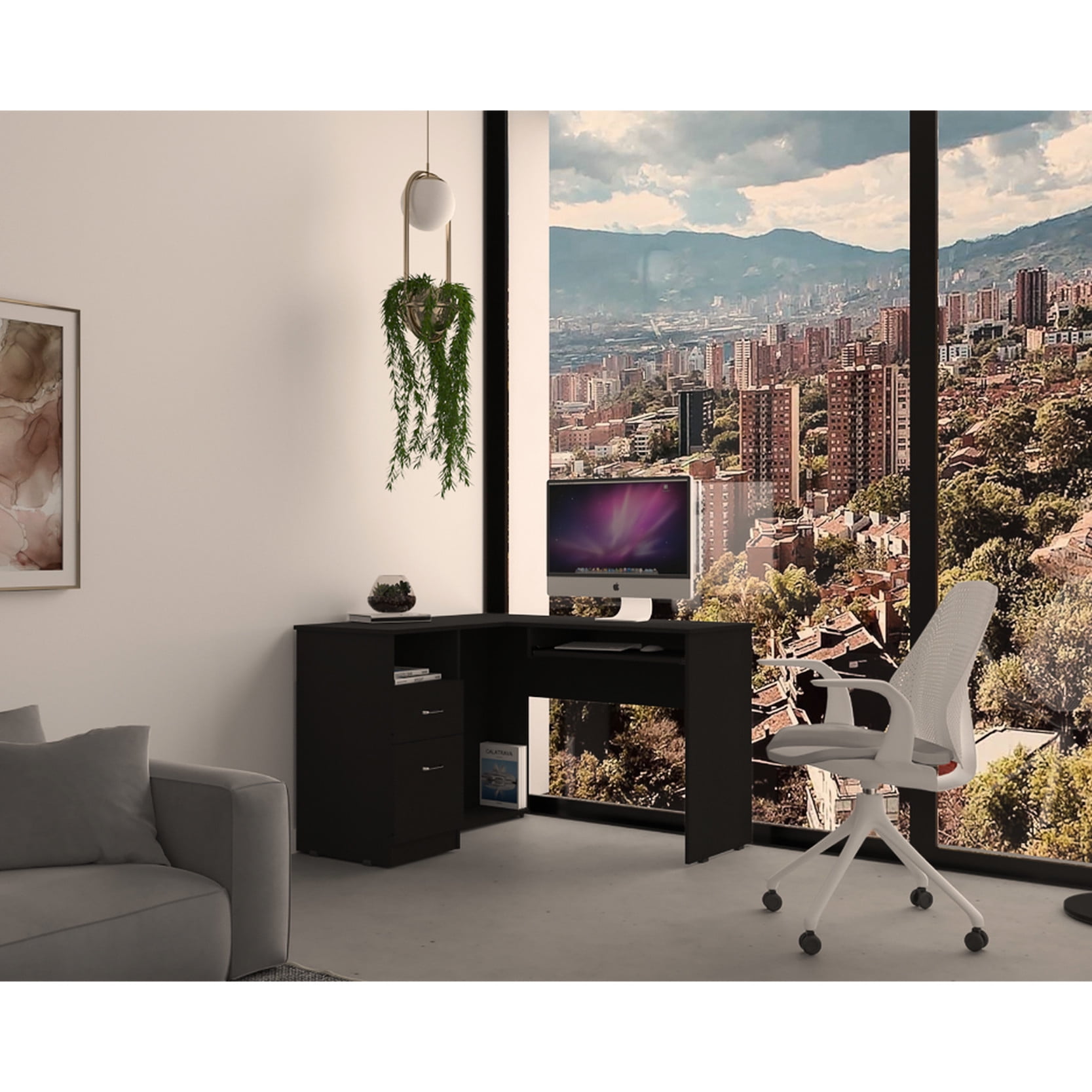 L-Shaped Desk, Retractable Keyboard Tray, Sleek Metal Handles / Space ...