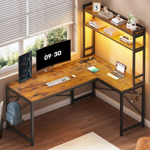 L Shaped Desk, Reversible Corner Desk with Power Outlet and LED Lights ...