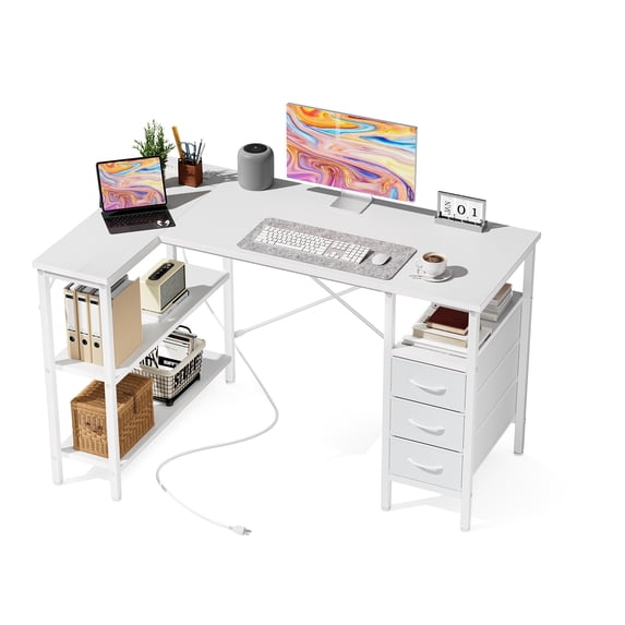 L Shaped Desk with Shelf Drawers 47 Inch, Corner Computer Desks Gaming ...