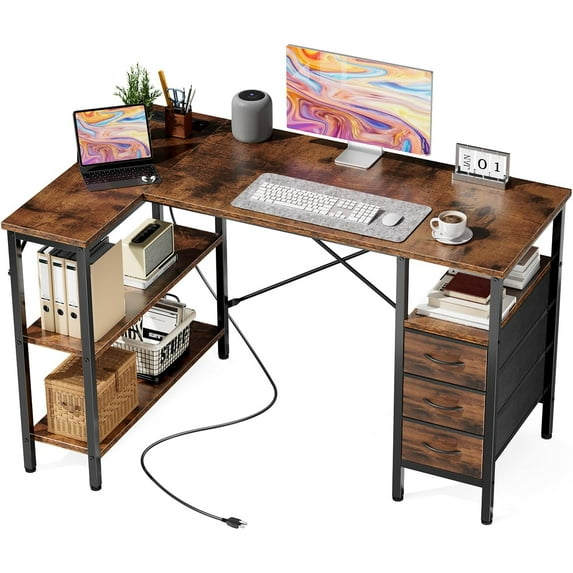 L Shaped Desk with Shelf Drawers Inch, Brown Corner Computer Desks ...